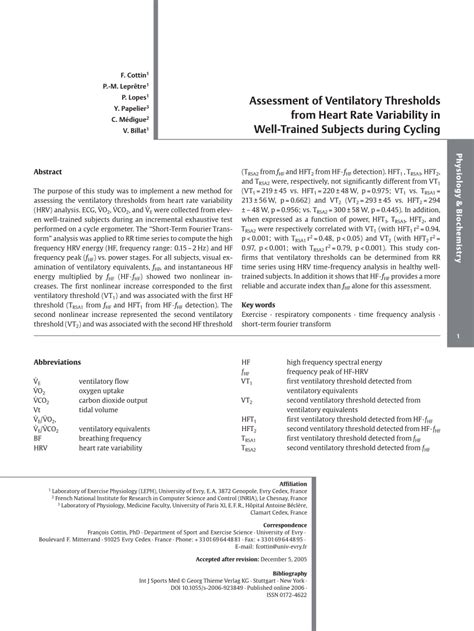 Pdf Assessment Of Ventilatory Thresholds From Heart Rate Variability In Well Trained Subjects
