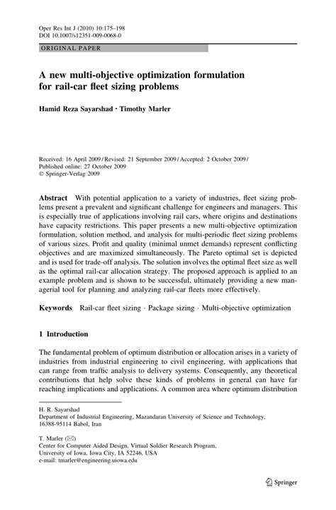 Pdf A New Multi Objective Optimization Formulation For Rail Car Fleet