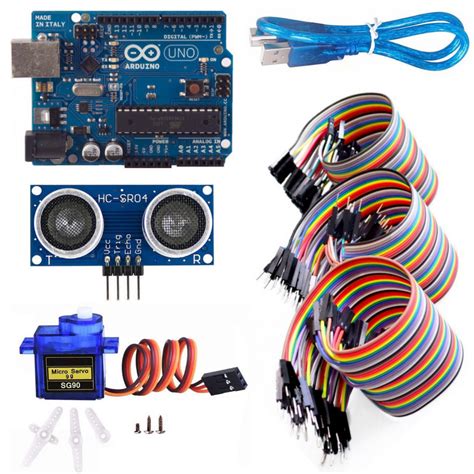 Arduino Uno R3 And Ultrasonic Sensor With Sg90 Motor And Jumper Wires
