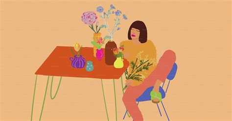 아름다운 여자는 배경에 다른 꽃들로 장식된 테이블 옆에 편안하게 앉아 있다 아름다움과 꽃 장식 개념 벡터 그림 벡터 Unsplash의 초상 이미지