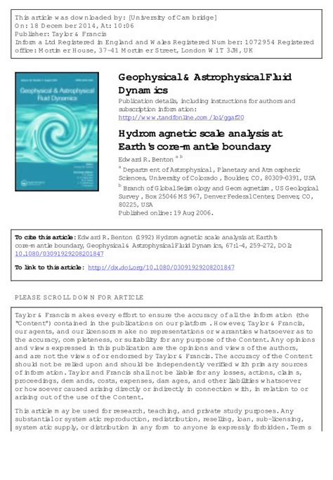 Pdf Hydromagnetic Scale Analysis At Earths Core Mantle Boundary