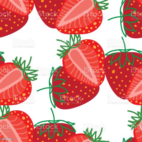 딸기의 벡터 원활한 패턴 디자인 다채로운 추상 일러스트 패턴 섬유 포장 포장 배경 화면 및 카드에 대한 흰색 배경에 전체 및 슬라이스 빨간 딸기 베리 건강한 생활방식에 대한