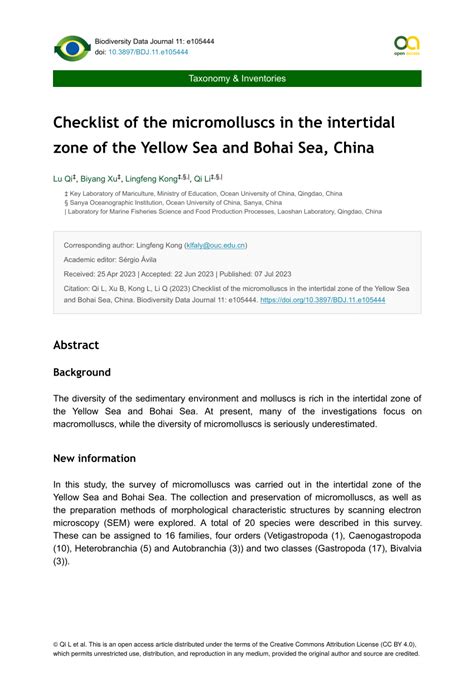 Pdf Checklist Of The Micromolluscs In The Intertidal Zone Of The Yellow Sea And Bohai Sea China
