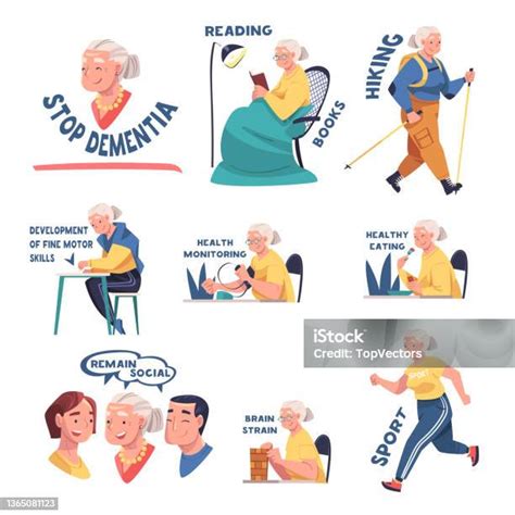 노인 여성 건강한 식사와 독서 벡터 일러스트 세트와 알츠하이머 예방 노인에 대한 스톡 벡터 아트 및 기타 이미지 노인 여자 문화 Istock