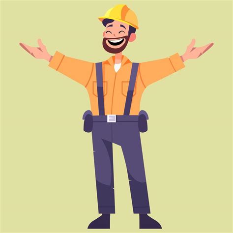 Happy Flat Construction Worker Character Celebrating Success With Arms