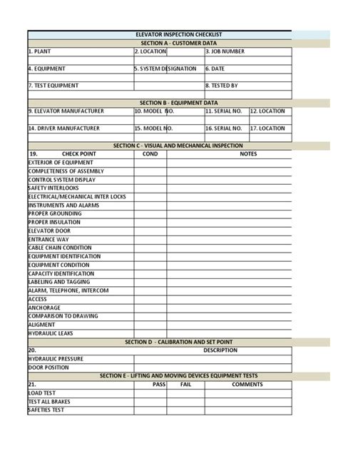 Comprehensive Elevator Inspection Checklist Documenting Equipment Details, Visual and Mechanical ...