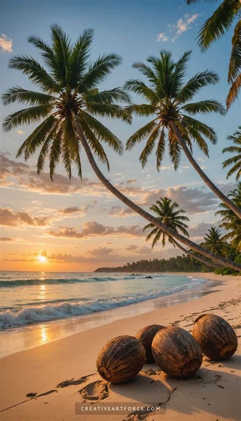 Serene 4k Beach Sunset With Tall Palm Trees And Open Coconuts By Gentle