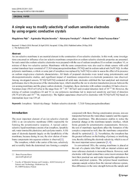 Pdf Modifying Sodium Electrode Selectivity Via Tcnq