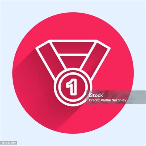 흰색 선 금메달 아이콘 고립 와 긴 그림자 배경 승자 기호입니다 빨간색 원 버튼 벡터 1에 대한 스톡 벡터 아트 및 기타 이미지