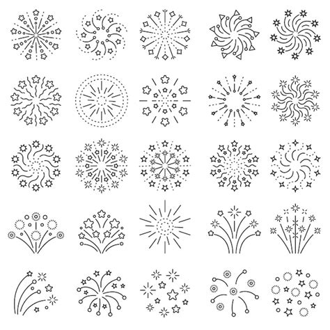 불꽃놀이 아이콘입니다 스파크 붐 스타 엔터테인먼트 축제 기호 최근 벡터 추상 불꽃놀이 세트 불꽃 폭발과 향 스파크 스타 흑백 그림 프리미엄 벡터