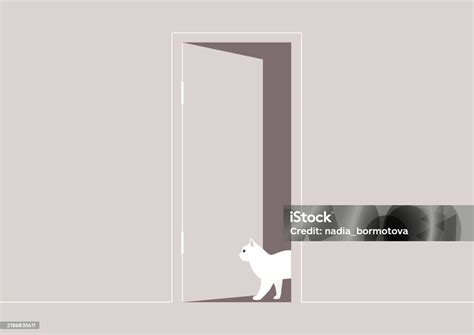 흰 고양이는 한쪽 발을 쭉 뻗은 채 열린 출입구 가장자리에 서서 호기심 어린 눈으로 방 안을 들여다보며 탐험과 호기심의 정신을 구현합니다 0명에 대한 스톡 벡터 아트 및