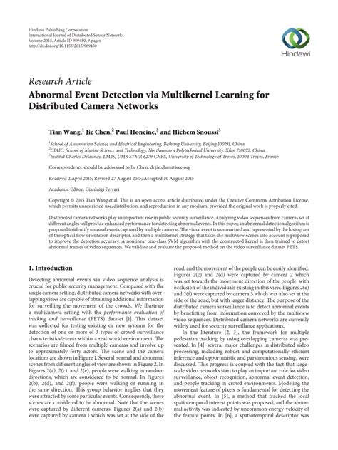Pdf Abnormal Event Detection Via Multikernel Learning For Distributed Camera Networks