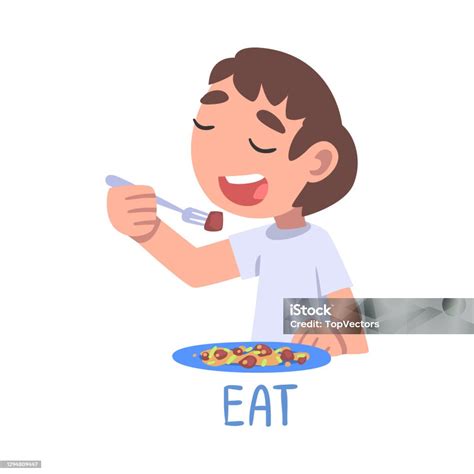 단어 먹기 행동을 표현하는 동사 어린이 교육 개념 귀여운 소년 먹는 테이블 만화 스타일 벡터 일러스트 가공의 인물에 대한 스톡 벡터 아트 및 기타 이미지 Istock