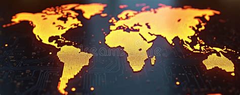 Golden World Map Glows On Microchip Circuit Board Symbolizes Global Network Data Transfer It