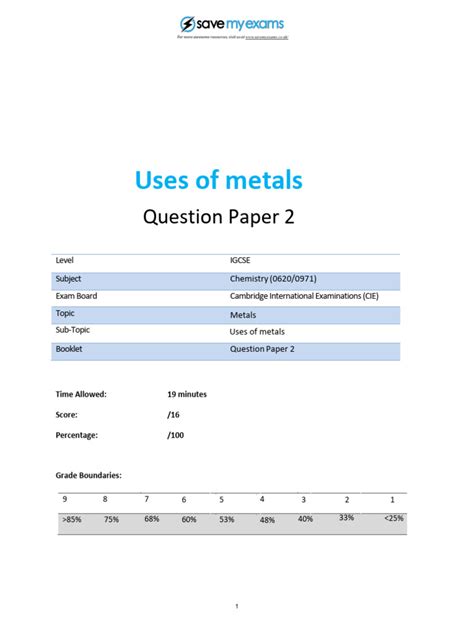 104 Uses Of Metals Topic Booklet 2 Cie Igcse Chemistry Pdf