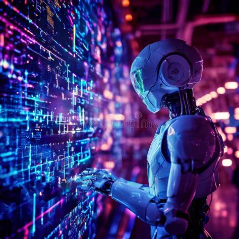 Futuristic Robot Interacting with High-tech Digital Interface Stock ...
