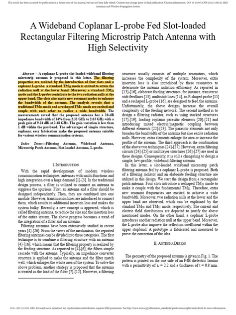A Wideband Coplanar L Probe Fed Slot Loaded Rectangular Filtering Microstrip Patch Antenna With