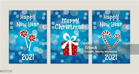 메리 크리스마스와 새해 맞이 카드 세트 사탕과 선물과 재미 축제 엽서 2021년에 대한 스톡 벡터 아트 및 기타 이미지 2021년 개체 그룹 겨울 Istock