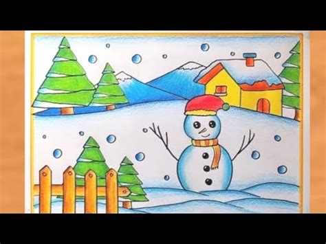 How To Draw Winter Season Scenery Easy Winter Drawing Step By Step