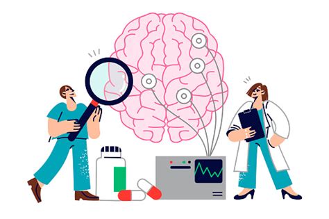 두 명의 의사가 신경학 실험을 수행하고 Eeg 장비를 사용하여 인간의 뇌를 연구합니다 개념에 대한 스톡 벡터 아트 및 기타 이미지 개념 개념과 주제 건강 검진