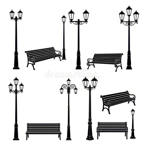 A Collection Of Various Street Lamps And Benches In A Minimalist Black