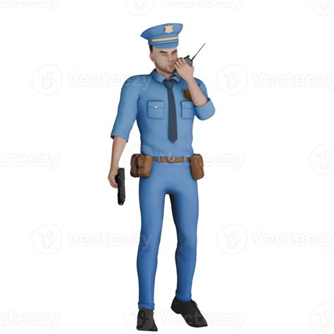 Professional Cartoon Police Character A Male Polie Officer Stands With His Left Hand Holding A