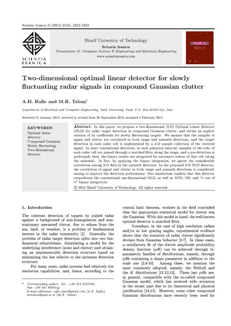 Pdf Two Dimensional Optimal Linear Detector For Slowly Fluctuating
