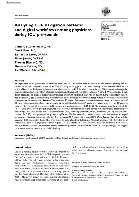 Pdf Analysing Ehr Navigation Patterns And Digital Workflows Among Physicians During Icu Pre Rounds
