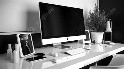 3d 렌더링된 컴퓨터 모니터 모형이 있는 세련된 현대식 책상 데스크탑 컴퓨터 데스크탑 모니터 모형 배경 일러스트 및 사진 무료 다운로드 Pngtree