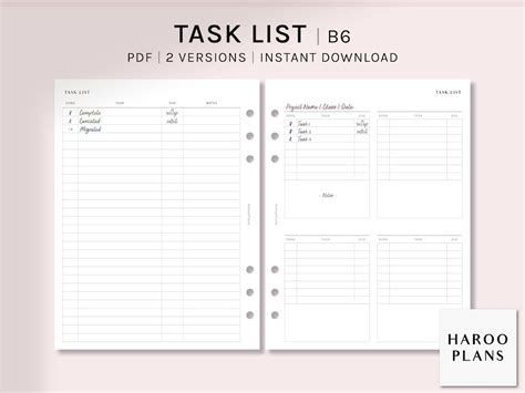 Task List B Ring Printable Planner Inserts To Do List Template Project Checklist Sheet