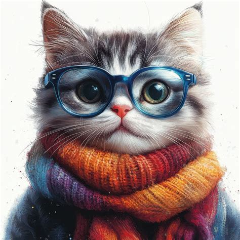 Cute Kitten Wearing Glasses And Scarf Winter Fashion Stock Illustration