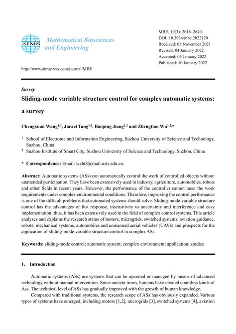 Pdf Sliding Mode Variable Structure Control For Complex Automatic