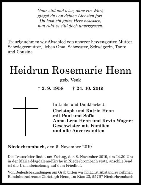 Traueranzeigen Von Heidrun Rosemarie Henn Rz Trauer De
