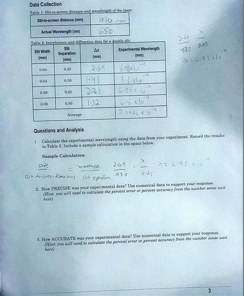 Solved Data Collection Table 1 Slit To Diffraction Data For A Double Slit Questions And