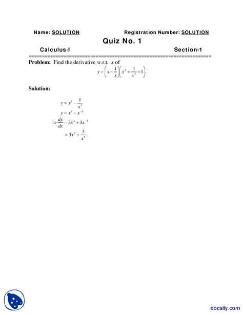 Calculus I Quiz Solution Derivative Of A Function Exercises Calculus Docsity