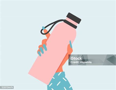 재사용 가능한 물병을 들고 있는 클로즈업 여성 세계 환경의 날과 지구의 날 개념입니다 여자의 손에 빈 유리 병 제로 폐기물 플랫 일러스트레이션 식수병을 들고 있는 여성