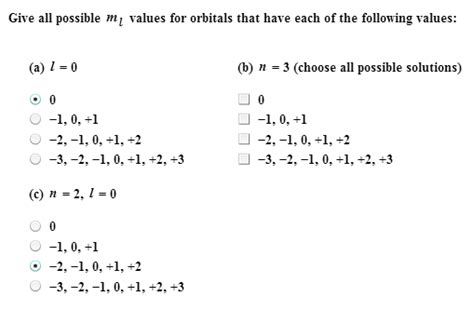 solved give all possible ml values for orbitals that have