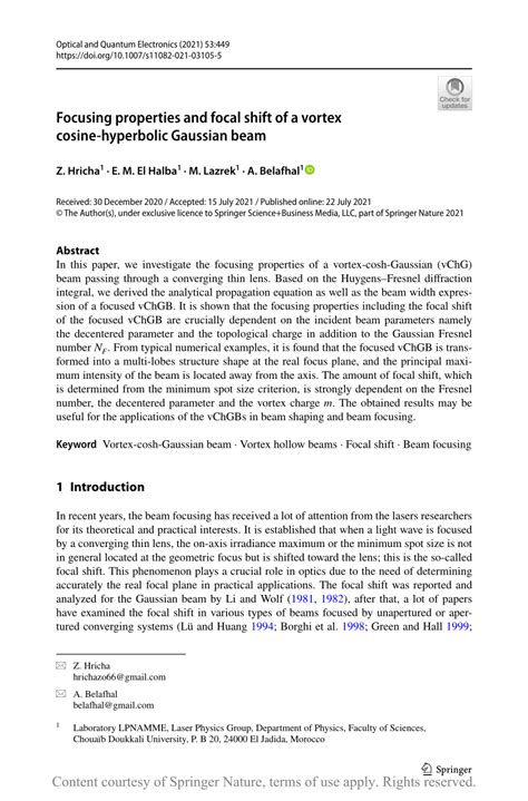 Focusing Properties And Focal Shift Of A Vortex Cosine Hyperbolic Gaussian Beam Request Pdf