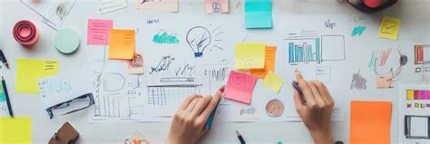 Brainstorming Ideas With Sticky Notes And Sketches In A Creative Workspace During Daytime Stock