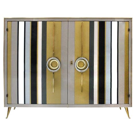 Midcentury Style Wood Colored Glass And Brass Italian Commode By La