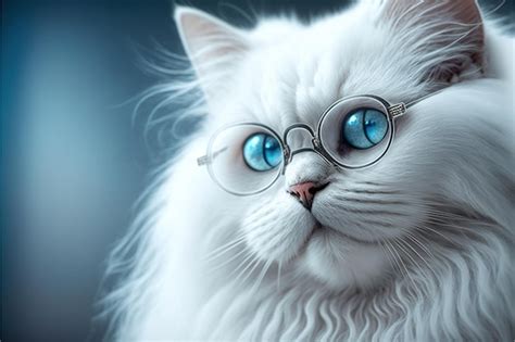 Cute White Siberian Cat Portrait With Nerd Glasses On Plane Background Premium AI Generated Image