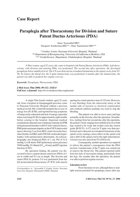Pdf Paraplegia After Thoracotomy For Division And Suture Patent Ductus Arteriosus Pda