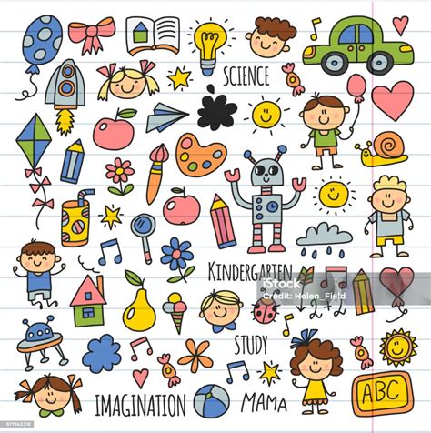 학교 유치원입니다 행복 한 아이 들 창의력 상상력 낙서 아이콘 아이 들과 함께입니다 재생 하 고 연구 하 고 행복 한 학생 과학