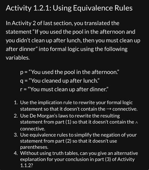 Solved Activity 121 Using Equivalence Rules In Activity 2