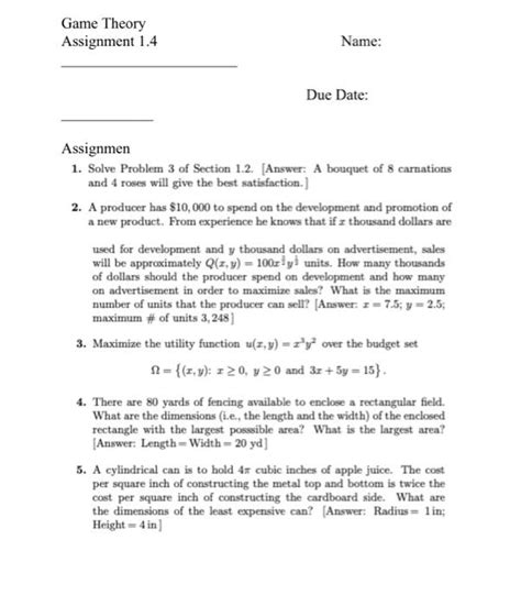 Game Theory Assignment 14 Name Due Date Assignmen