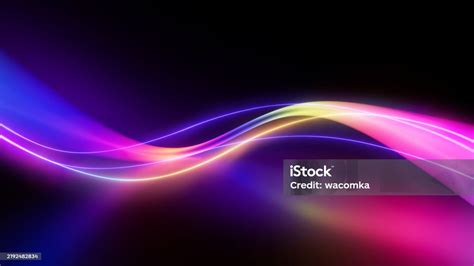 추상 네온 배경입니다 어둠 속에서 빛나는 여러 가지 빛깔의 곡선의 3d 렌더링 흐릿한 바닥 반사 흐르는 가상 스트림 공연에 대한 스톡 사진 및 기타 이미지 Istock