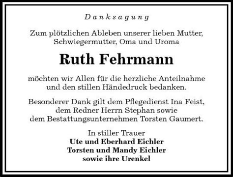 Traueranzeigen Von Ruth Fehrmann Trauer Anzeigende