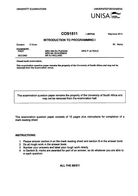 COS1511 Exam 14 June 2013 Questions UNNERSlTY EXAMINATIONS UNIVERSITEITSEKSAMENS U N I SA Mm