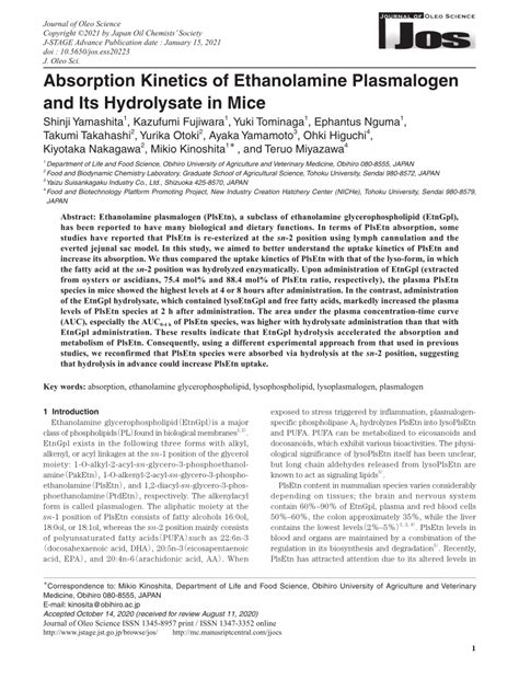 Pdf Absorption Kinetics Of Ethanolamine Plasmalogen And Its