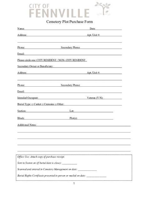 Fillable Online Cemetery Plot Purchase Form Fax Email Print Pdffiller